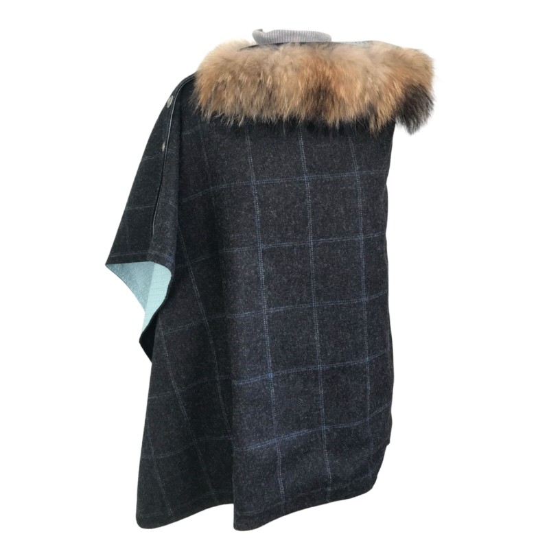 Cape tweed gris à trame bleue Harriet – col fourrure amovible – made in ...